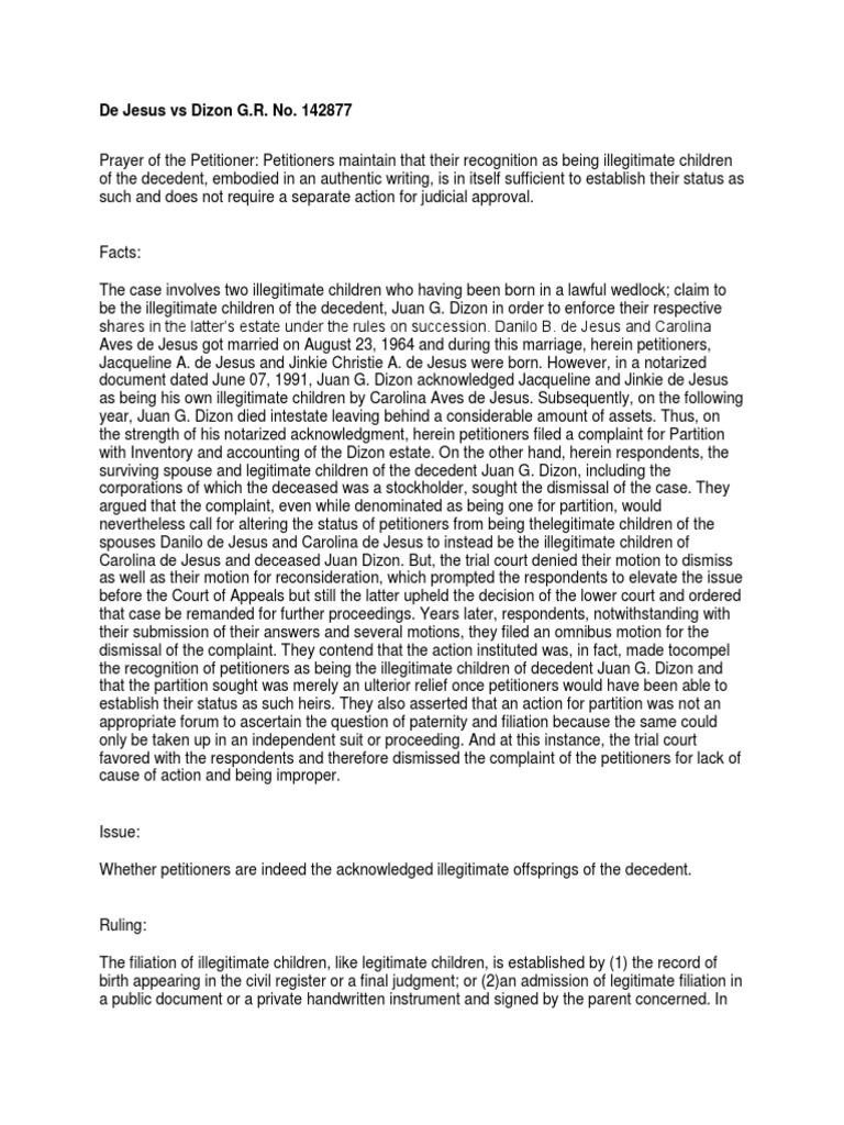 De Jesus Vs Dizon (PFR Case Digest) | PDF | Legitimacy (Family Law) | Complaint