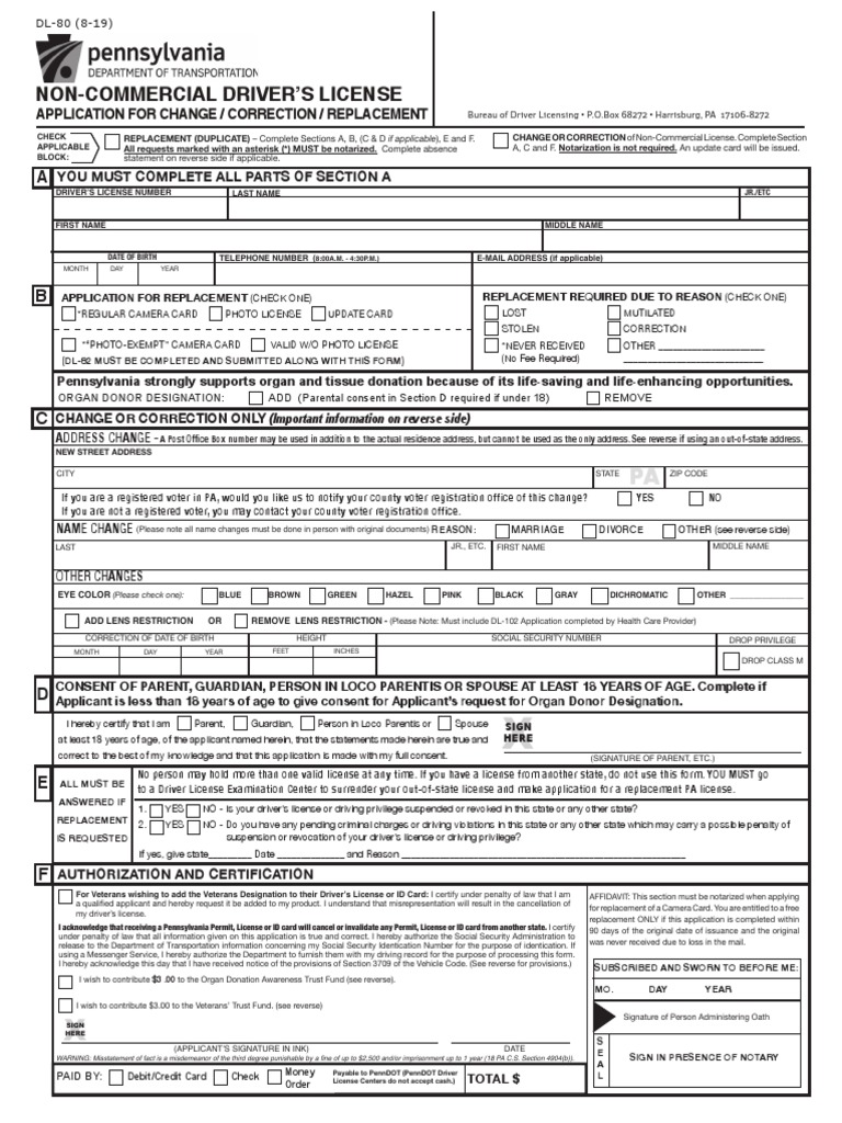 Non-Commercial Driver'S License: You Must Complete All Parts of Section ...