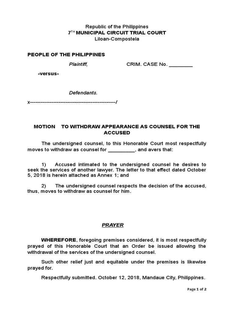 Motion To Withdraw Appearance | PDF