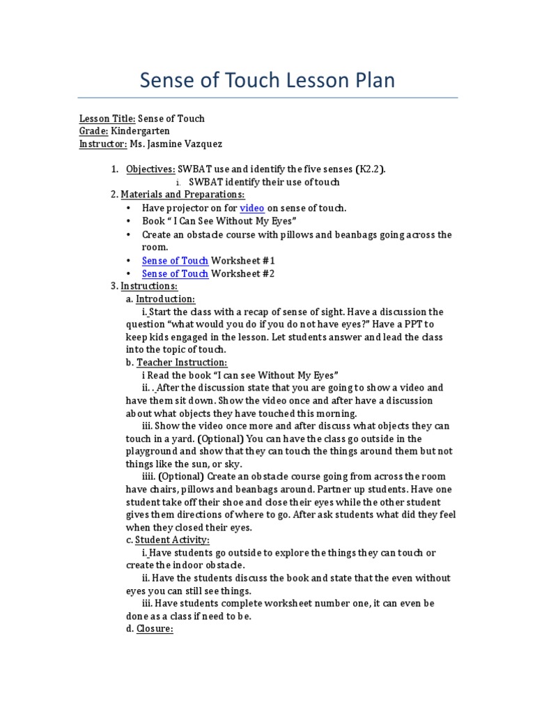 Kindergarten Sense of Touch Lesson Plan | PDF | Students | Lesson Plan