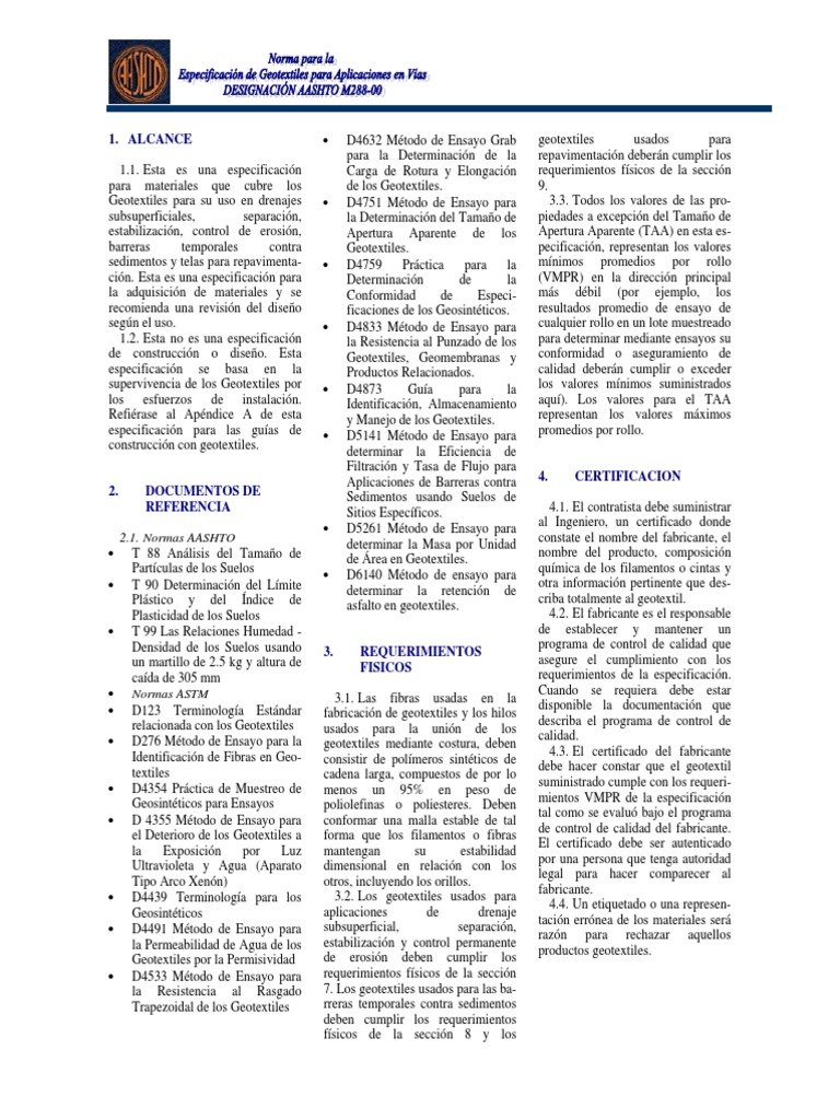 Especificación AASHTO M-288 Geotextiles | PDF | Filtración | Suelo