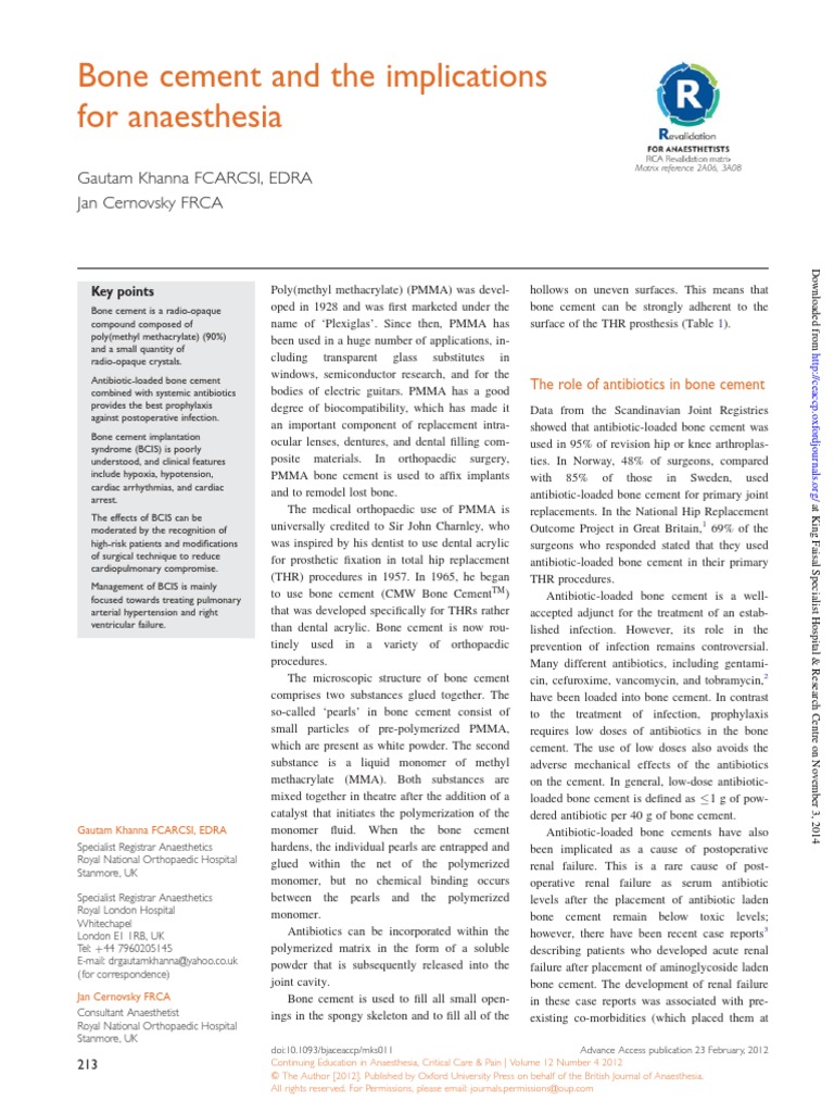 Bone Cement Syndrome | PDF | Poly(Methyl Methacrylate) | Embolism