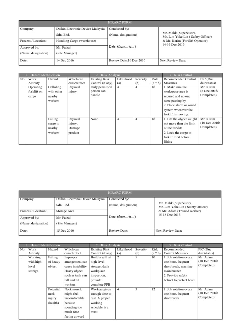 Hirarc Form Fork Lift Pdf Risk Management Forklift