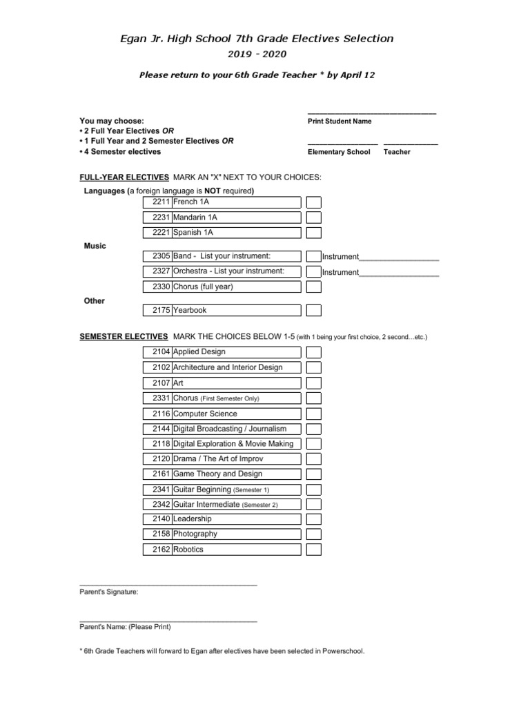 Egan Jr. High School 7th Grade Electives Selection: Please Return To ...