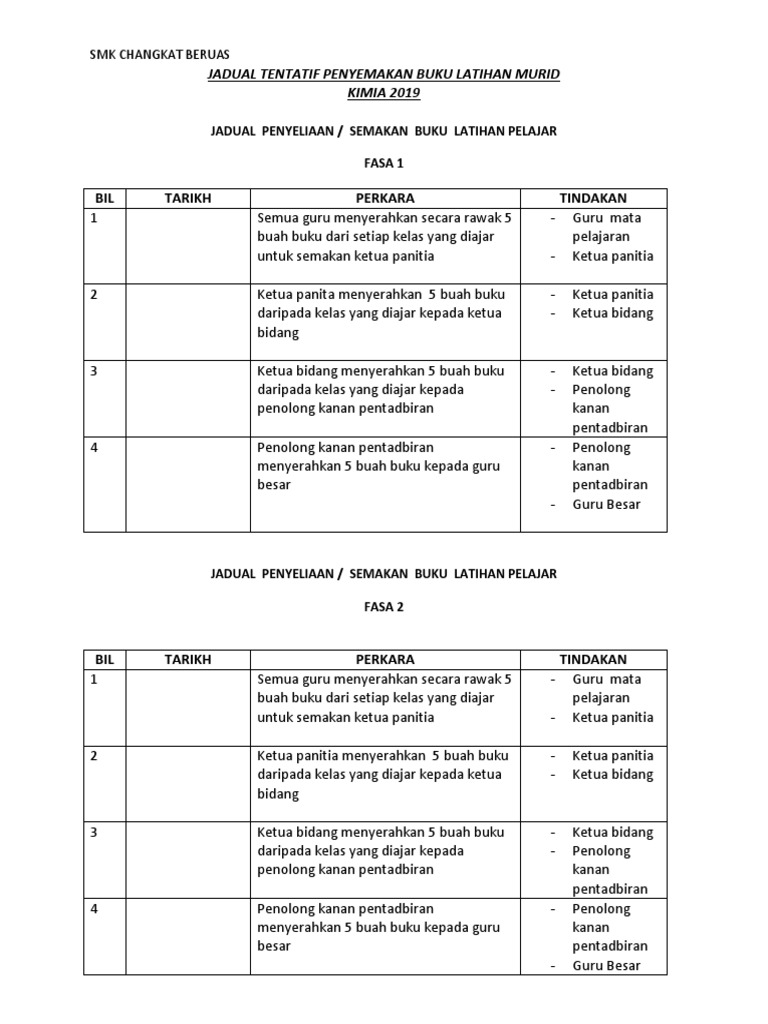 Jadual Semakan Buku Latihan Murid | PDF