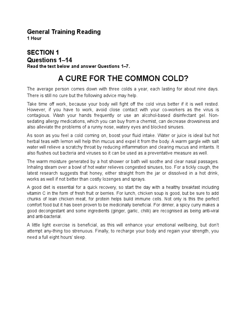 A Cure For The Common Cold?: General Training Reading Section 1 ...