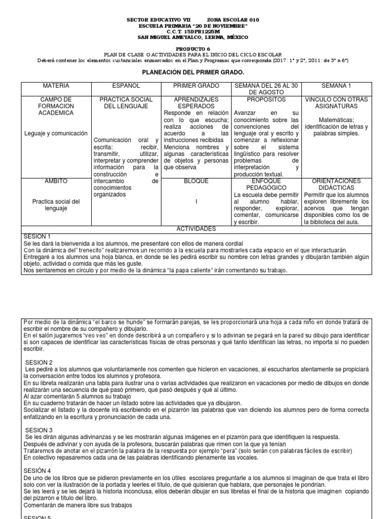 s5 Plan de Clase o Actividades para El Inicio Del Ciclo Escolar Primer ...