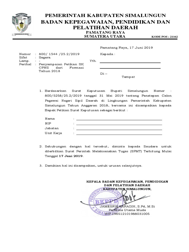 Surat Pengantar SPT Dan SPMT Cpns Ta. 2018 | PDF