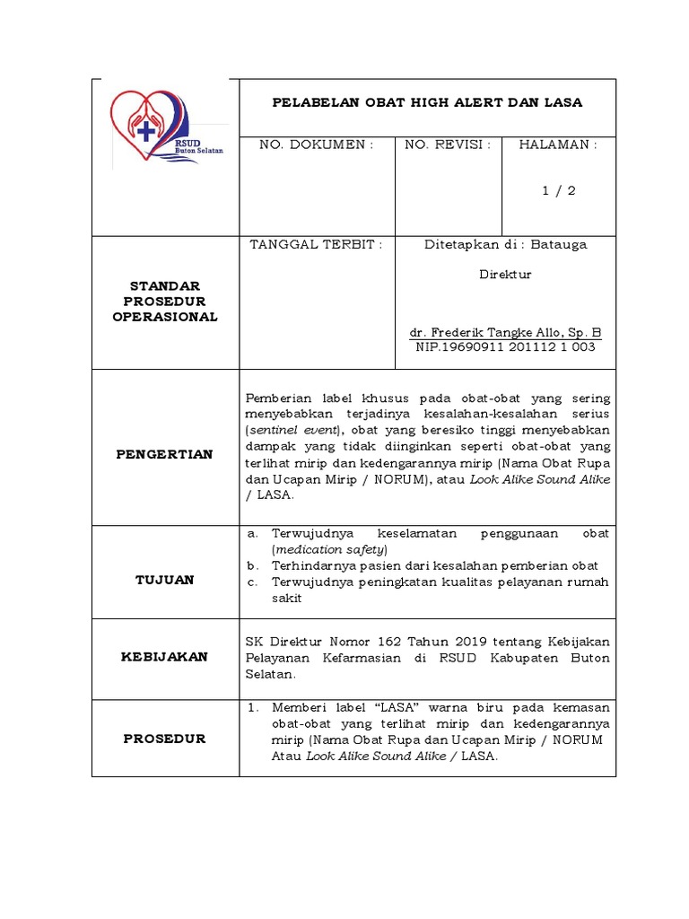 SOP Pelabelan Obat High Alert Dan Lasa | PDF