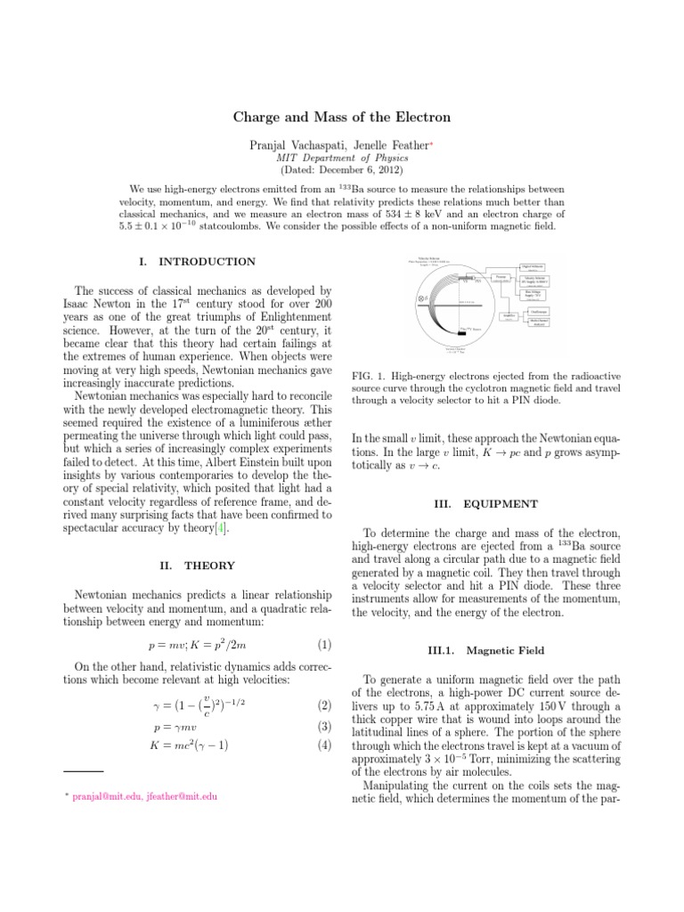 Charge and Mass of The Electron | PDF | Electron | Electronvolt