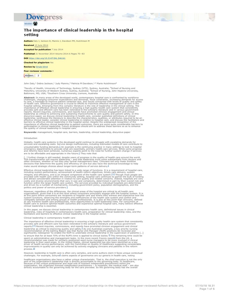 The Importance of Clinical Leadership in The Hospital Setting | PDF ...