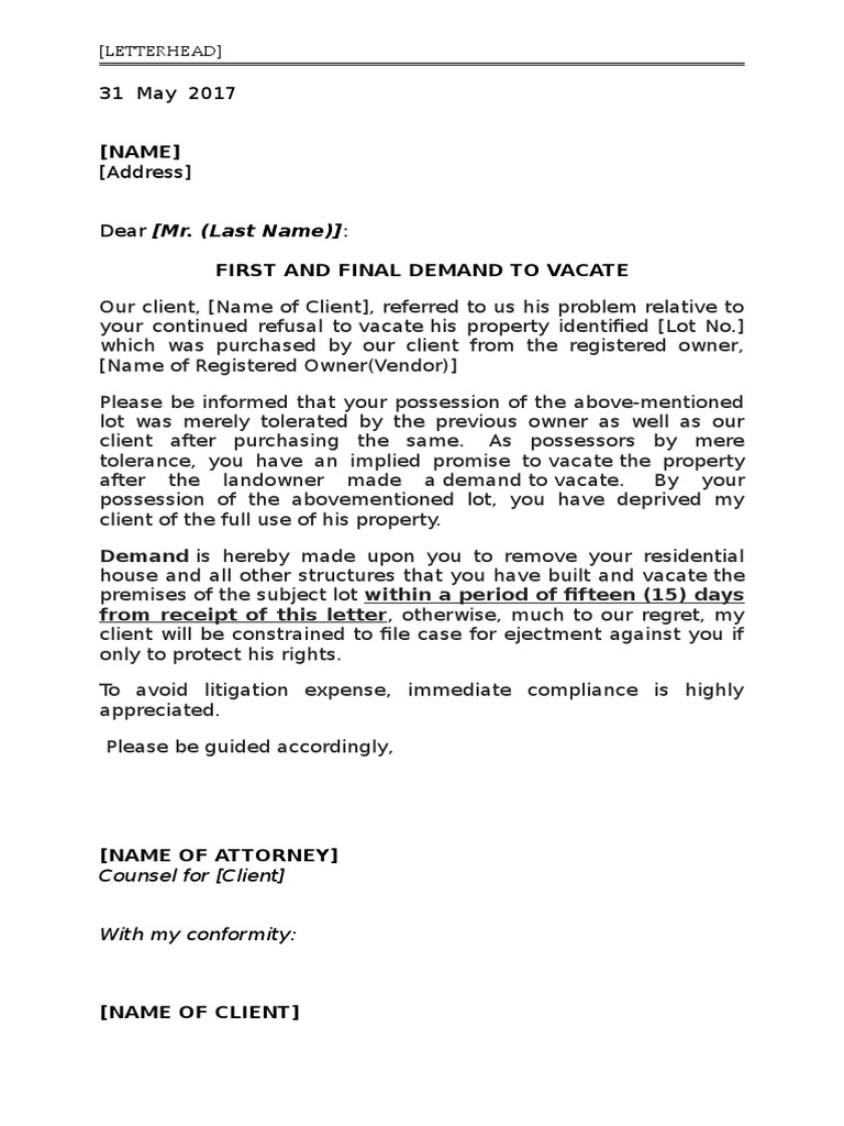 Sample Demand to Vacate