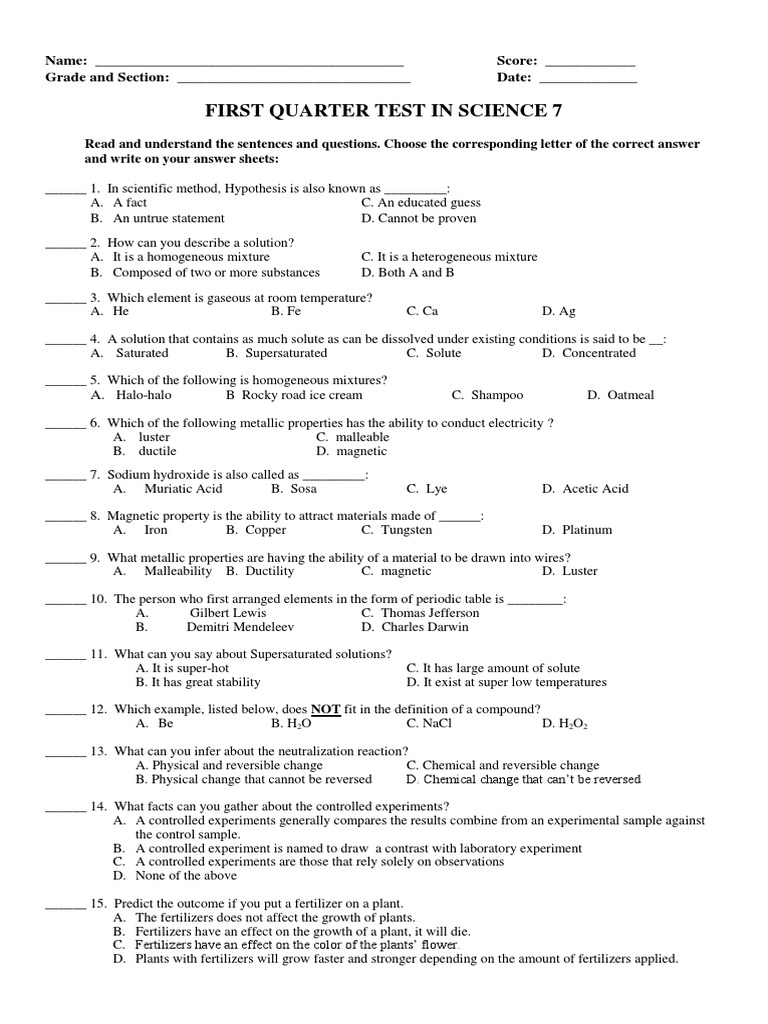 First Quarter Test in Science 7 | Download Free PDF | Solution | Mixture