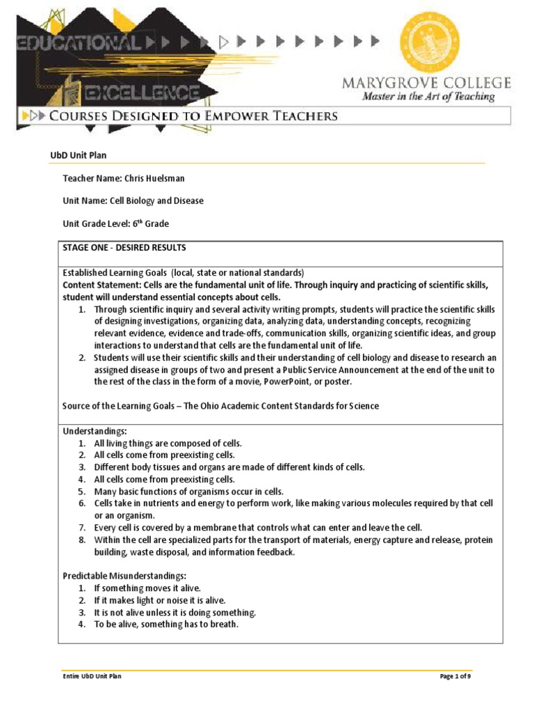 Cell Biology and Disease Ubd Lesson Plan | PDF | Infection | Cell (Biology)