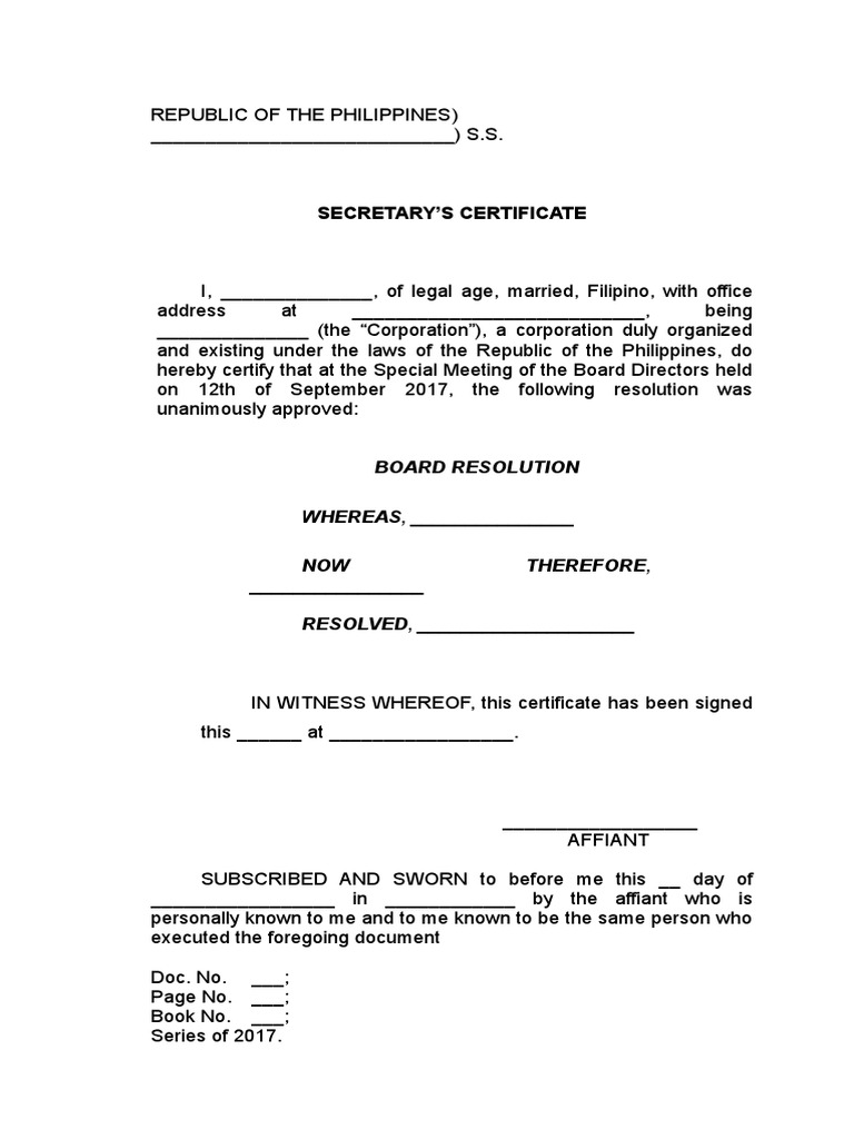 Secretary'S Certificate: Board Resolution WHEREAS, - NOW Therefore | PDF