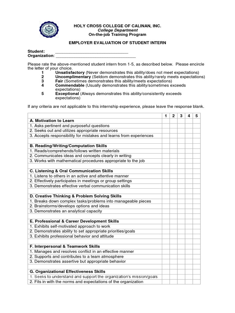 Employer Evaluation of Student Intern | PDF | Brainstorming | Skill