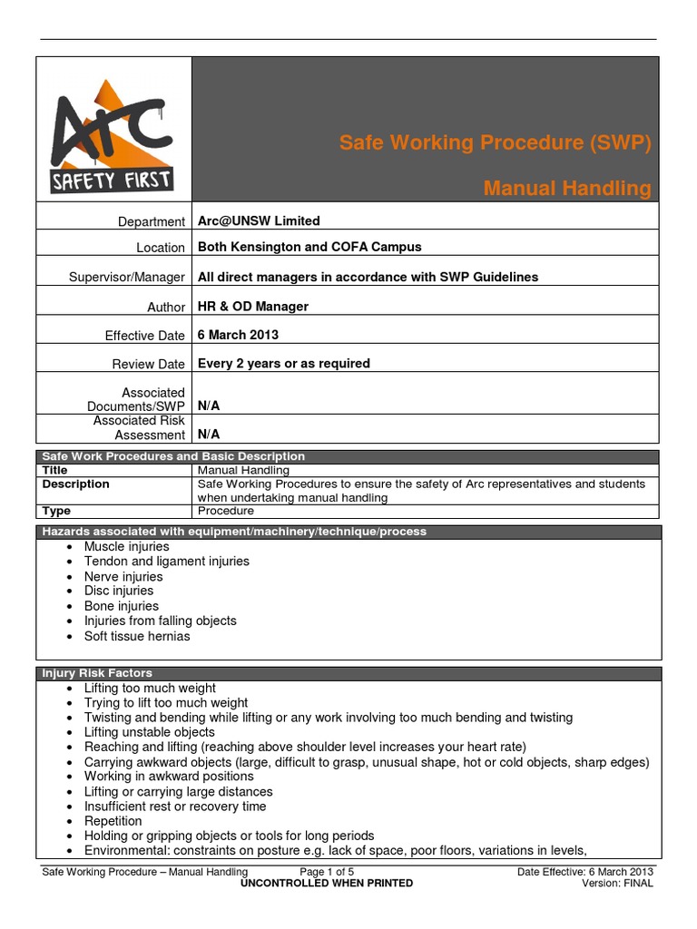 Safe Working Procedure (SWP) Manual Handling | PDF | Personal ...