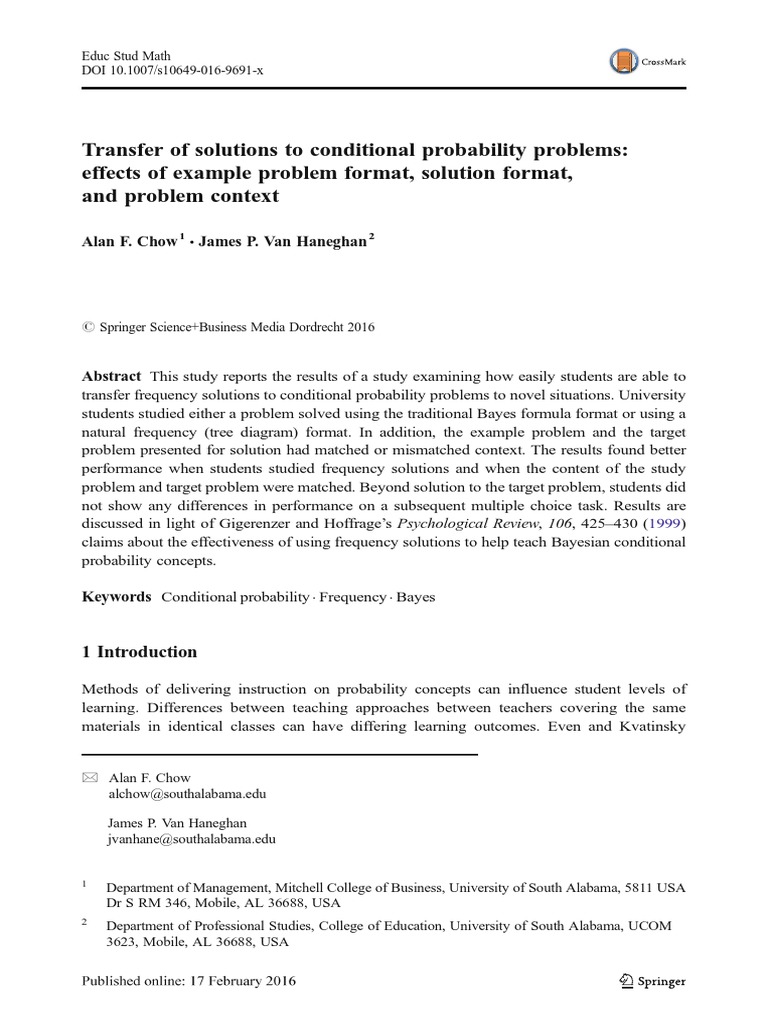 Transfer of Solutions To Conditional Probability Problems: Effects of Example Problem Format ...