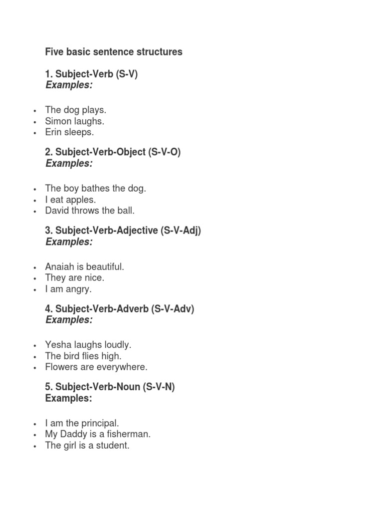 Five Basic Sentence Structures | PDF