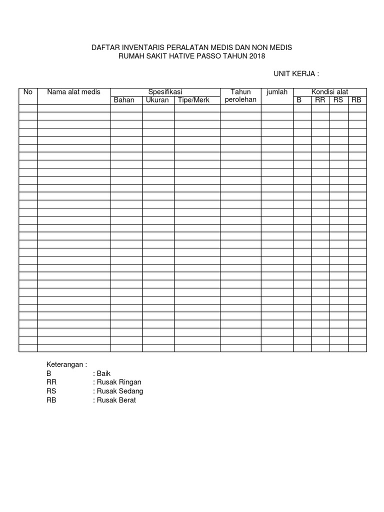 Form Ceklist Daftar Inventaris Peralatan Medis | PDF