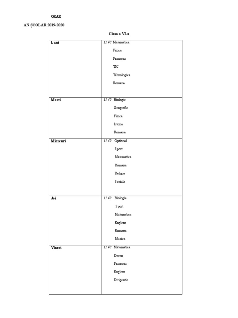 Orar Clasa A Vi-A | PDF