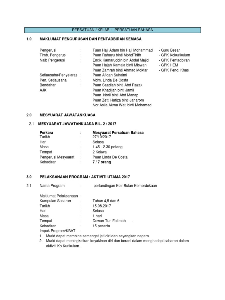 FORMAT Laporan Gabung Persatuan 2019 | PDF