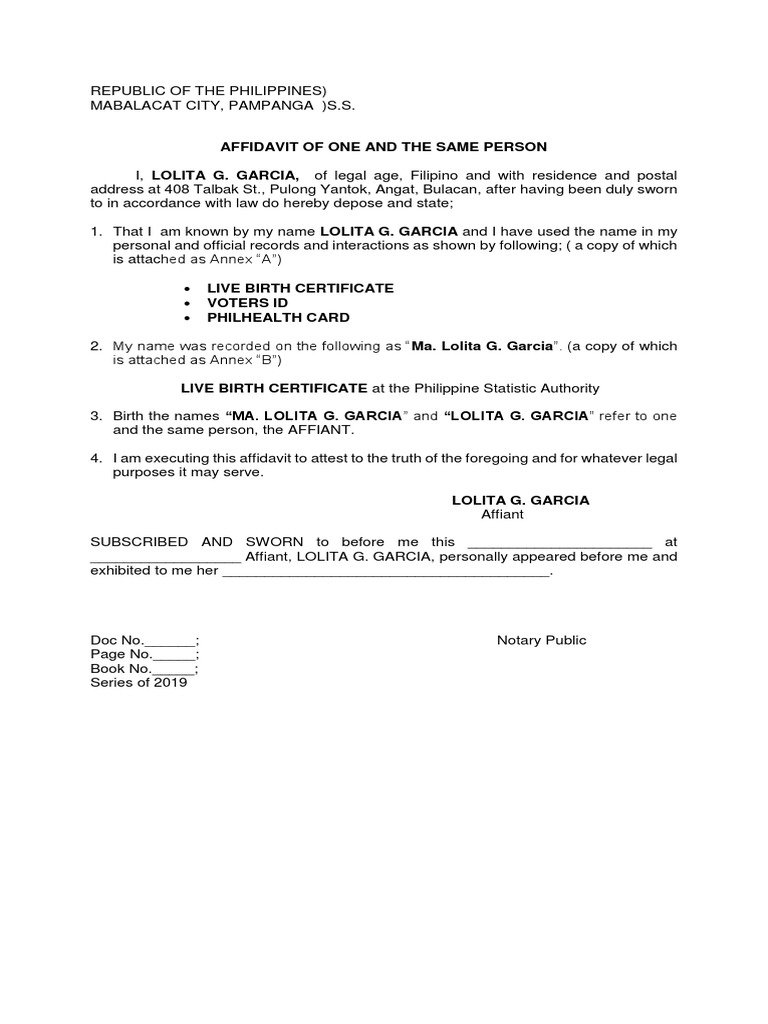 Affidavit of One and The Same Person | PDF