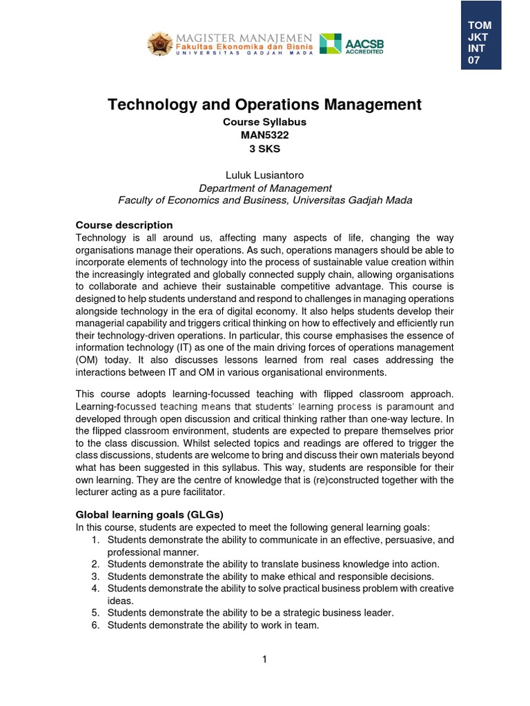 Technology and Operations Management: Course Syllabus MAN5322 3 Sks ...