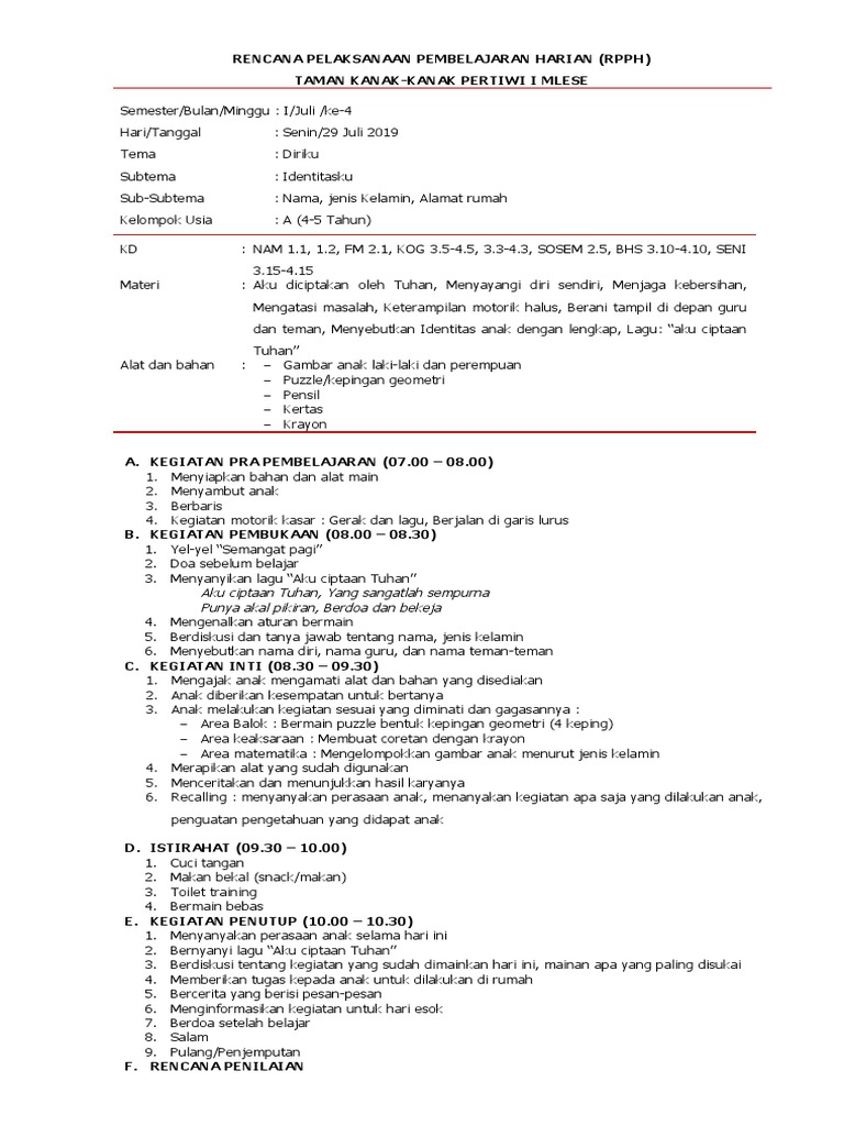 RPPH Tema Diriku: Identitasku PAUD | PDF