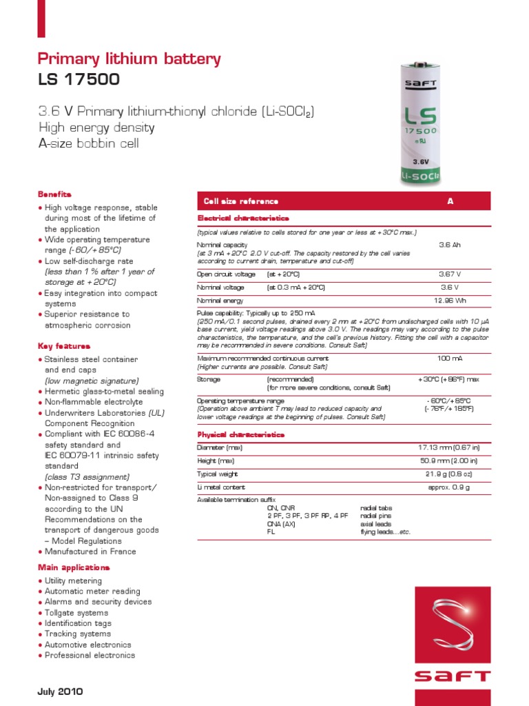 Primary Lithium Battery: 3.6 V Primary Lithium-Thionyl Chloride (Li ...