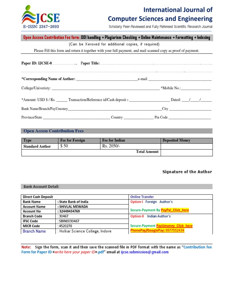 4-IJCSE Registration Form | PDF | Open Access | Payments