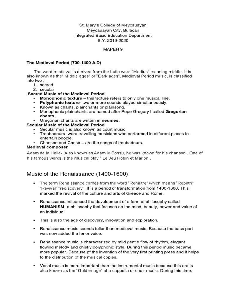 Music of The Renaissance (1400-1600) : The Medieval Period (700-1400 A ...