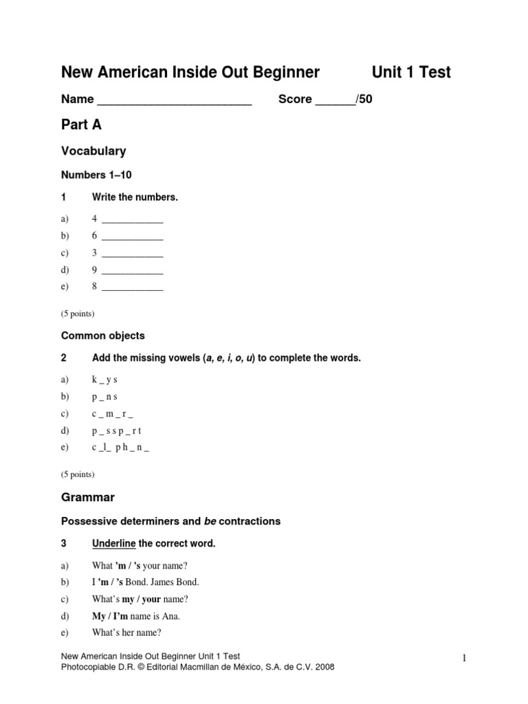New American Inside Out Beginner Unit 1 Test: Part A | PDF | Symbols ...