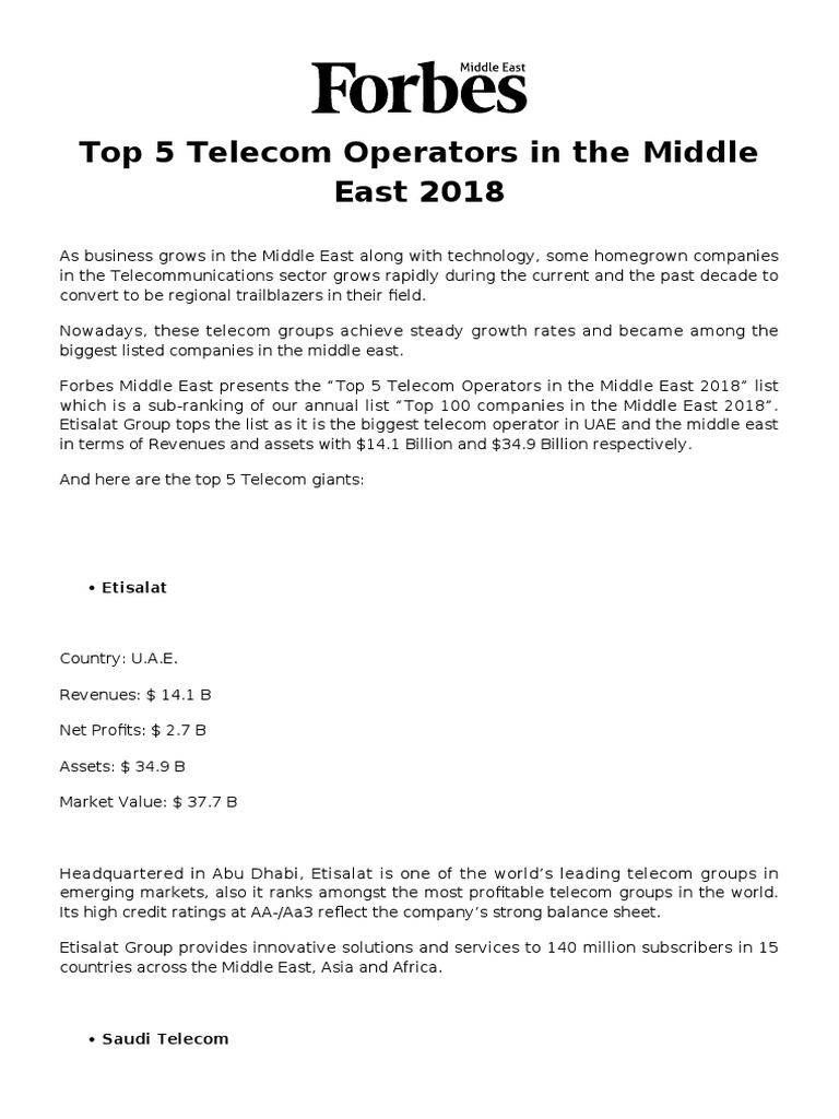Top 5 Telecom Operators in The Middle East 2018 | PDF ...