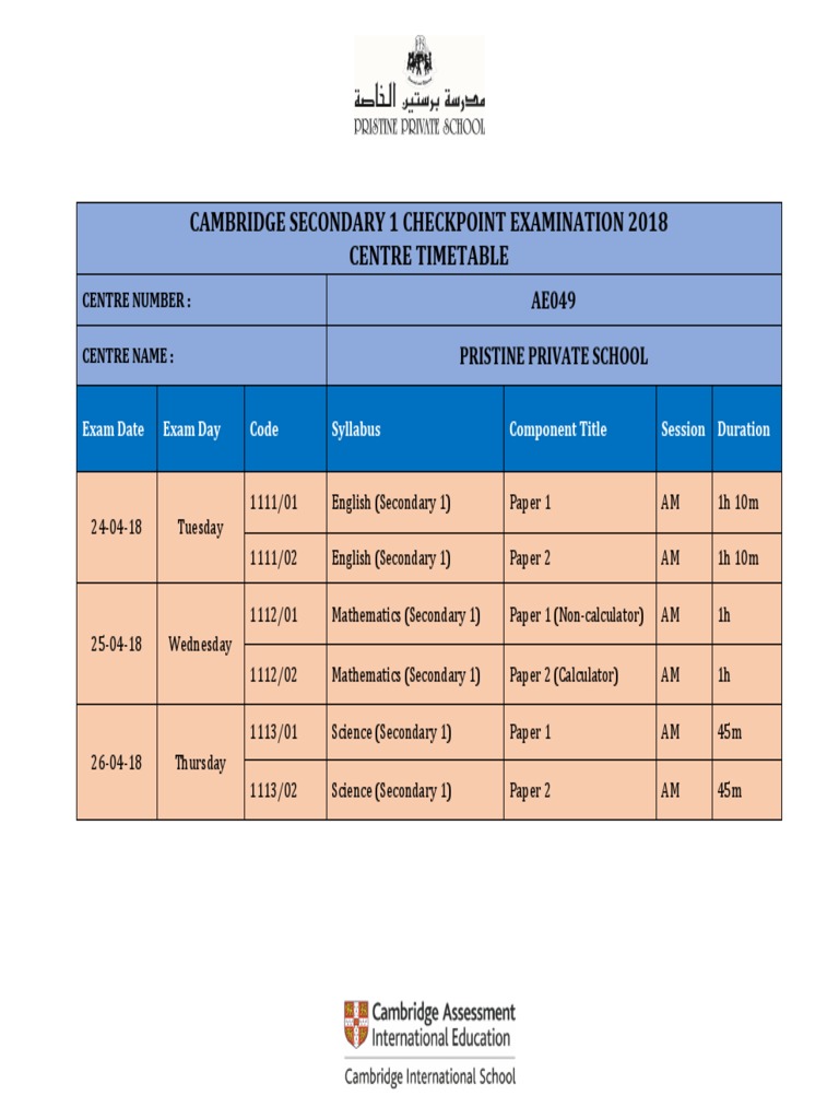Secondary 1 Checkpoint Examination Centre Timetable 2018 | PDF