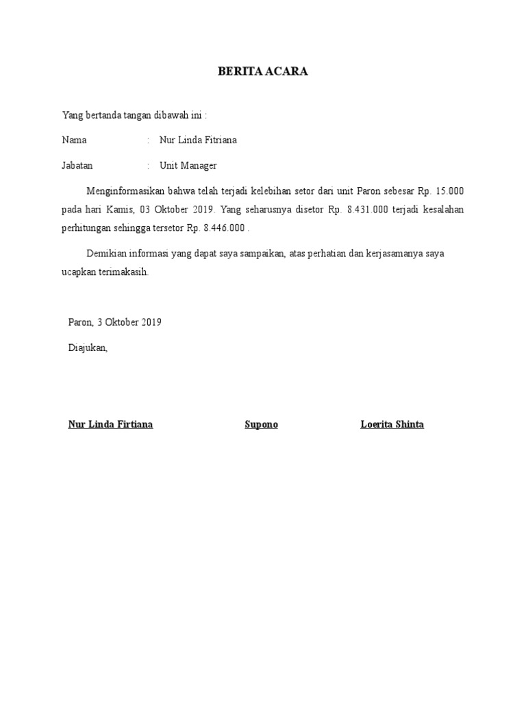 Berita Acara Setoran | PDF