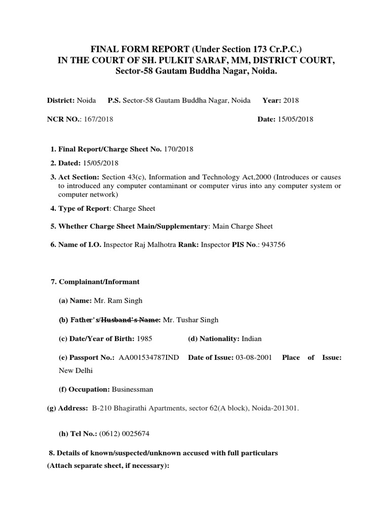 FINAL FORM REPORT (Under Section 173 CR.P.C.) in The Court of Sh ...