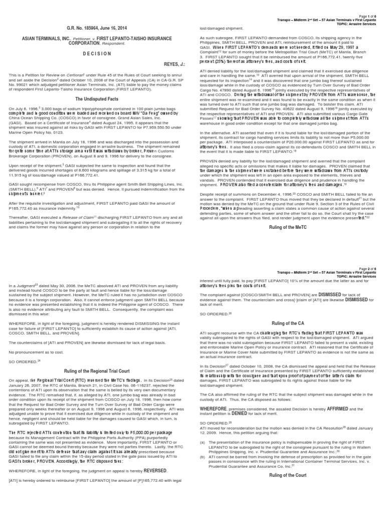 Asian Terminals V First Lepanto | PDF | Subrogation | Insurance