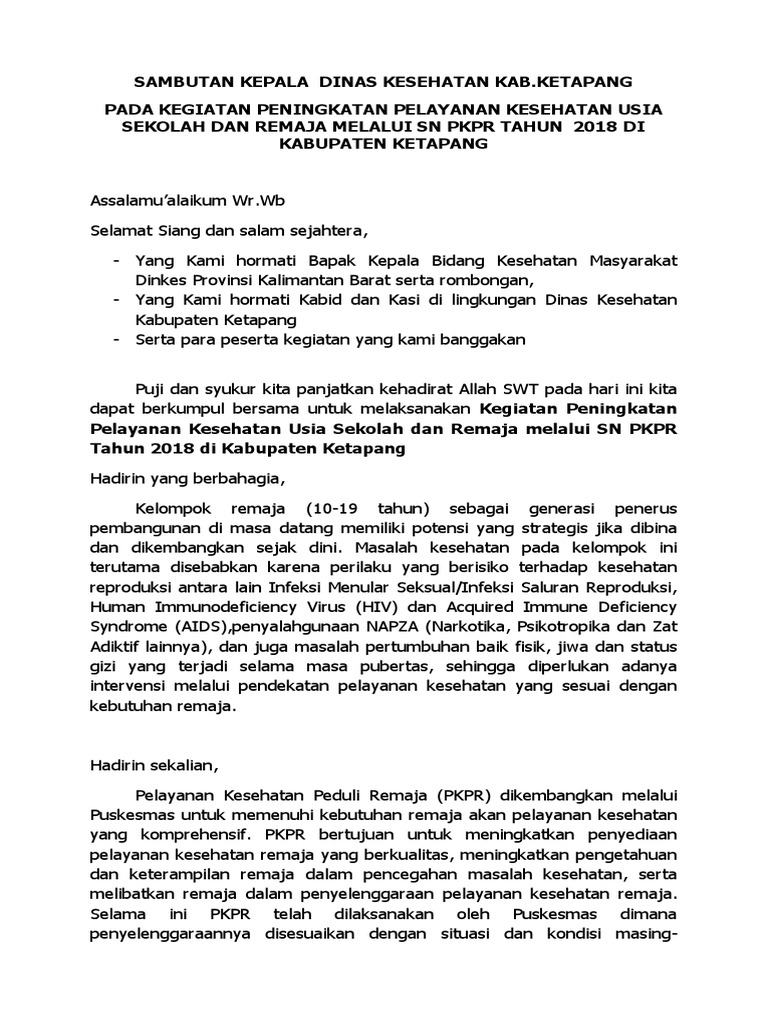Kata Sambutan Kepala Dinas Kesh Pertemuan SN-PKPR 2018 | PDF