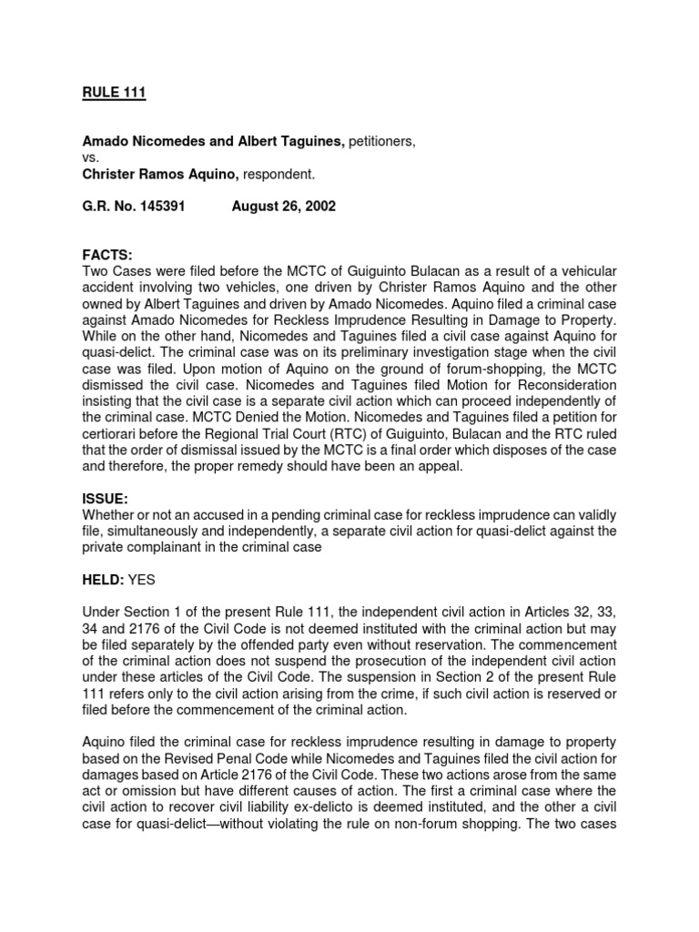 Quasi-Delict Civil Action in Criminal Cases | PDF | Lawsuit | Crime ...