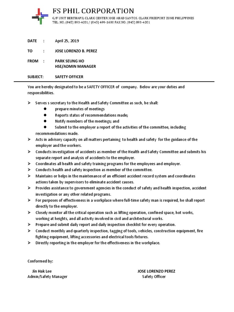 Safety Officer Appointment Letter | PDF | Occupational Safety And ...