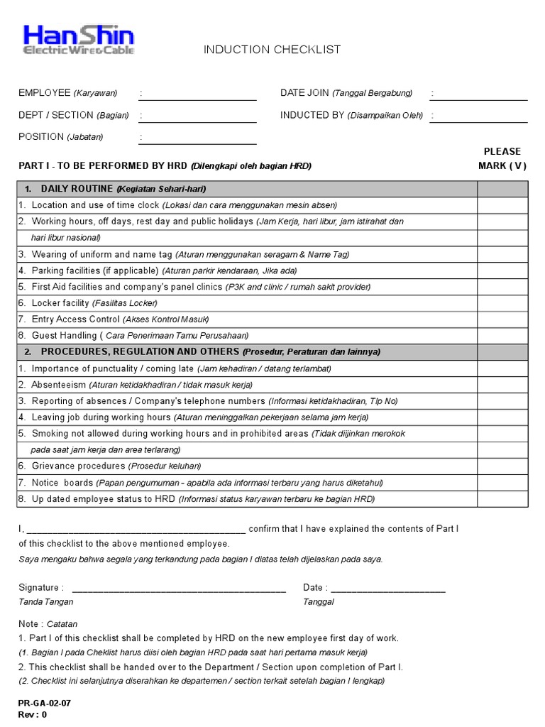Induction Checklist: (Dilengkapi oleh bagian HRD) (Kegiatan Sehari-hari)