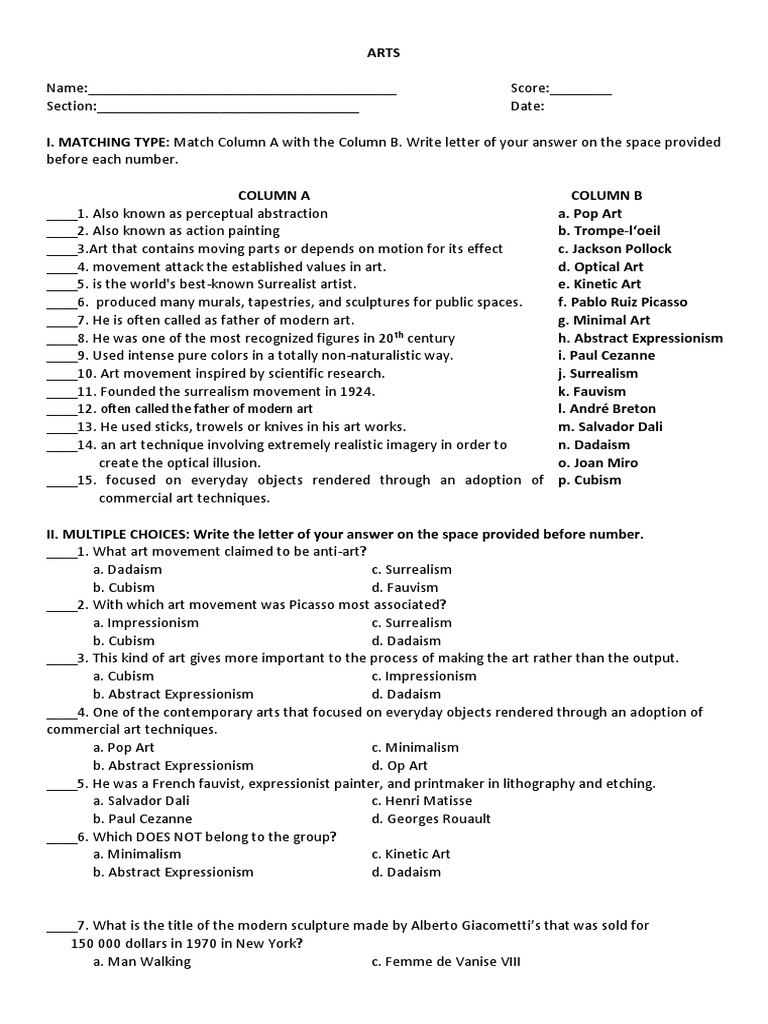 Arts Quiz | PDF | Surrealism | Abstract Art