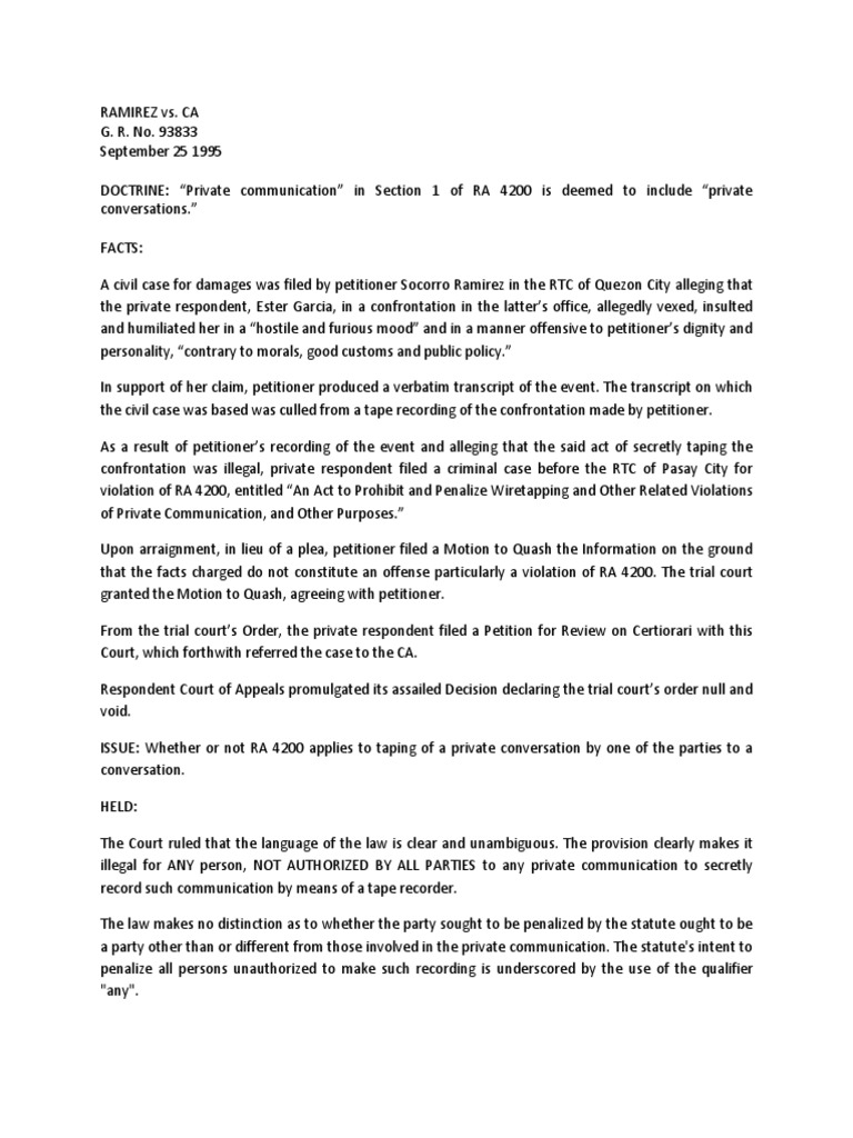 Section 3 - Anti-Wiretapping Law - RAMIREZ vs. CA | PDF | Telephone ...