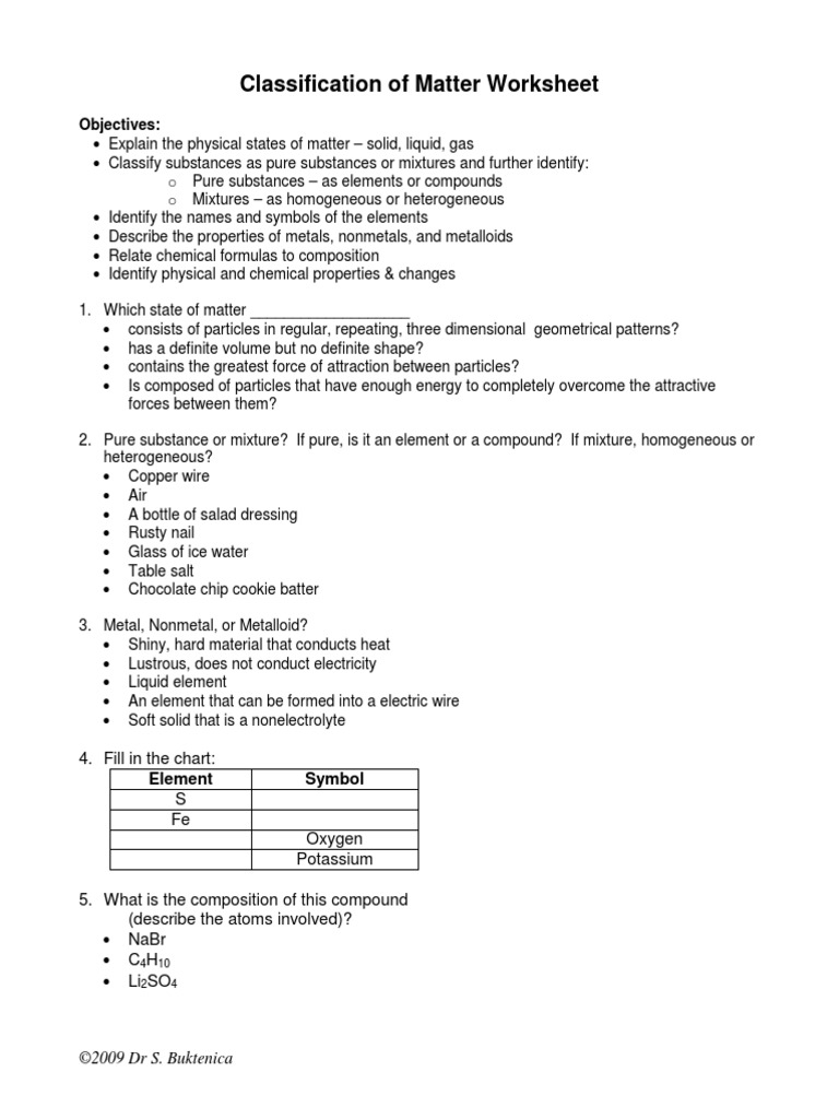 Classification of Matter Worksheet: Objectives | PDF | Chemical ...