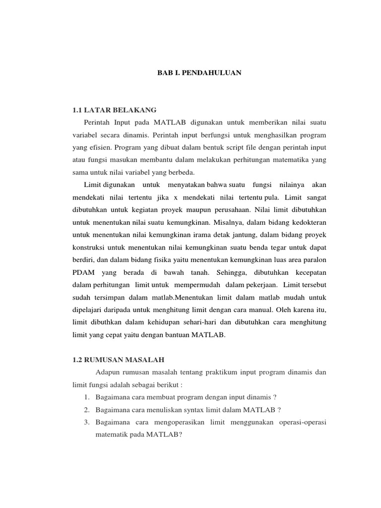 Input Program Dinamis Dan Limit Fungsi Pada Matlab Isi | PDF