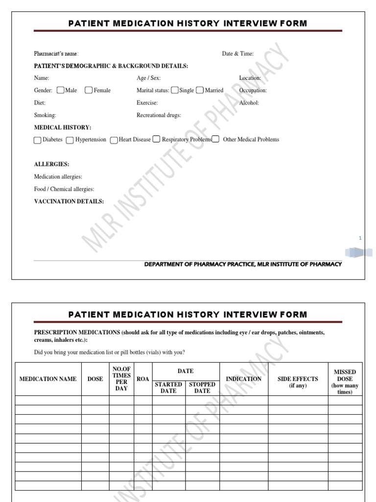 Patient Medication History Interview Form: Patient'S Demographic ...