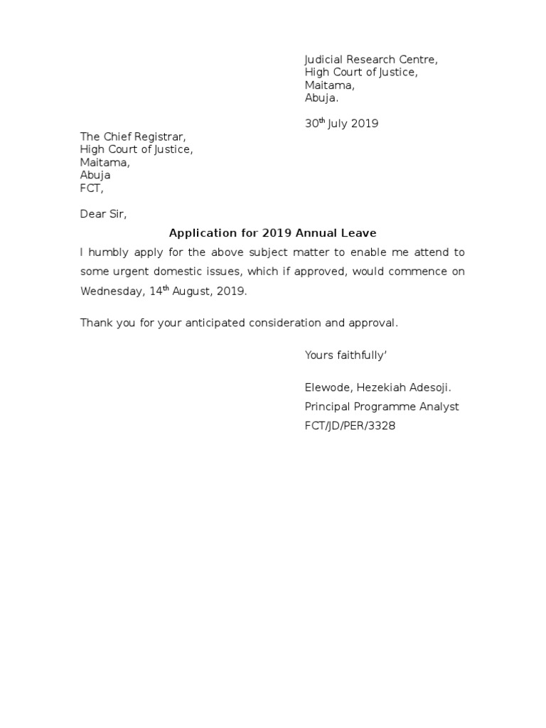2019 Annual Leave Application Letter | PDF