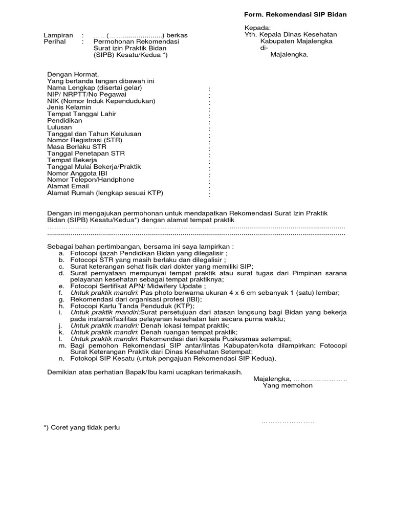 Form Rekomendasi SIP Bidan | PDF