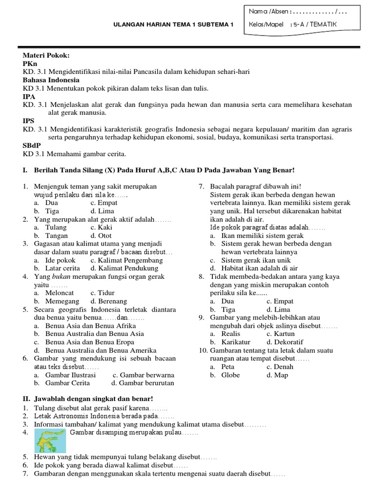UH Kelas 5 Tema 1 Subtema 1 | PDF